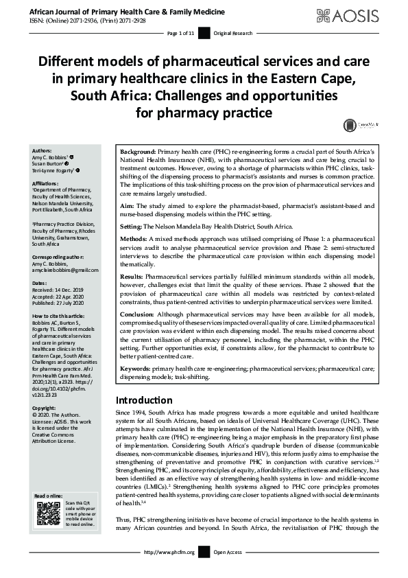 (PDF) Different models of pharmaceutical services and care in primary ...