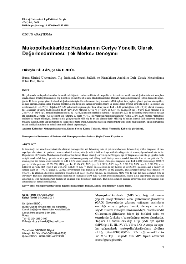 (PDF) Mukopolisakkaridoz Olgularının Retrospektif Olarak ...