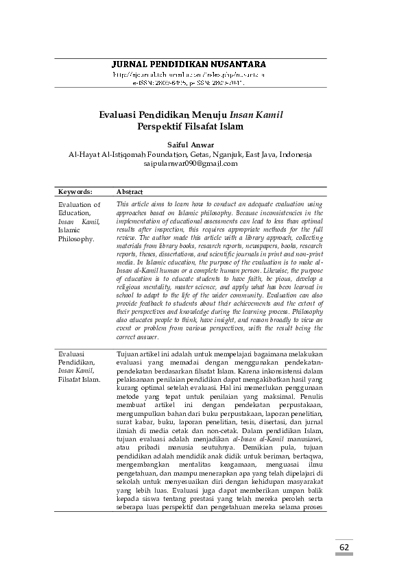 (PDF) Evaluasi Pendidikan Menuju Insan Kamil Perspektif Filsafat Islam