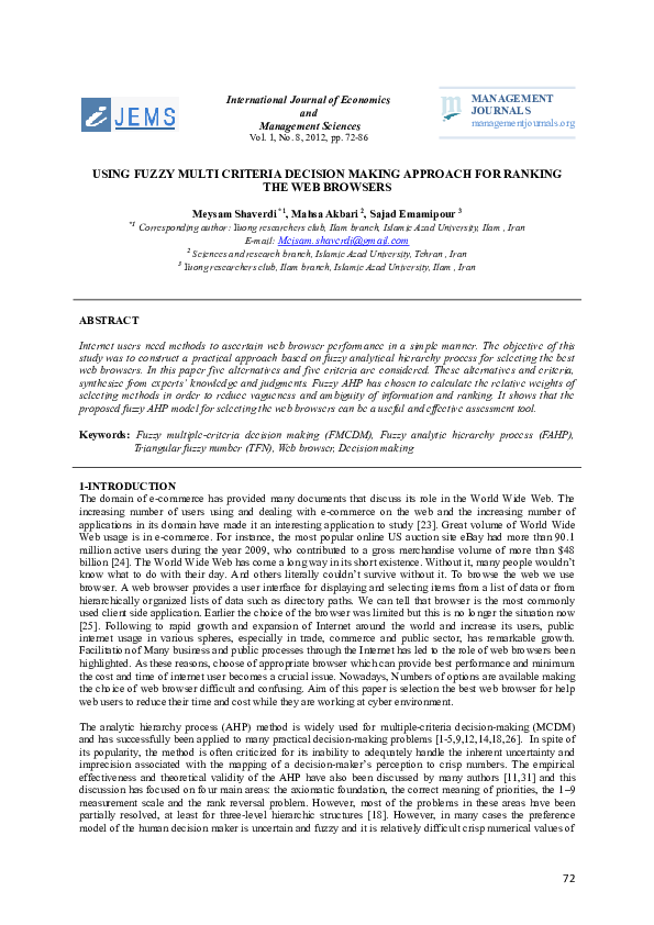 (PDF) Using Fuzzy Multi Criteria Decision Making Approach for Ranking the Web Browsers | mahsa ...