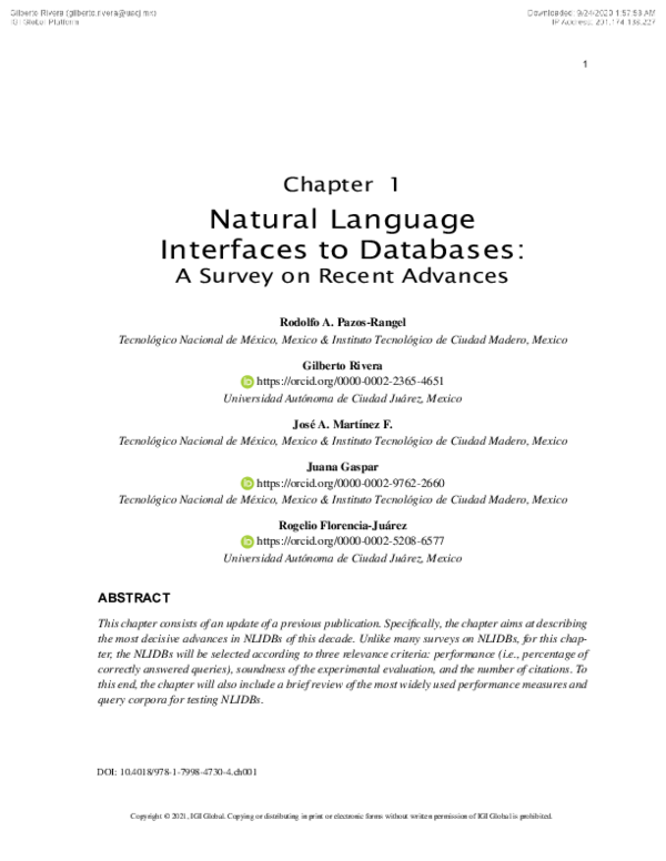 (PDF) Natural Language Interfaces to Databases: A Survey on Recent Advances
