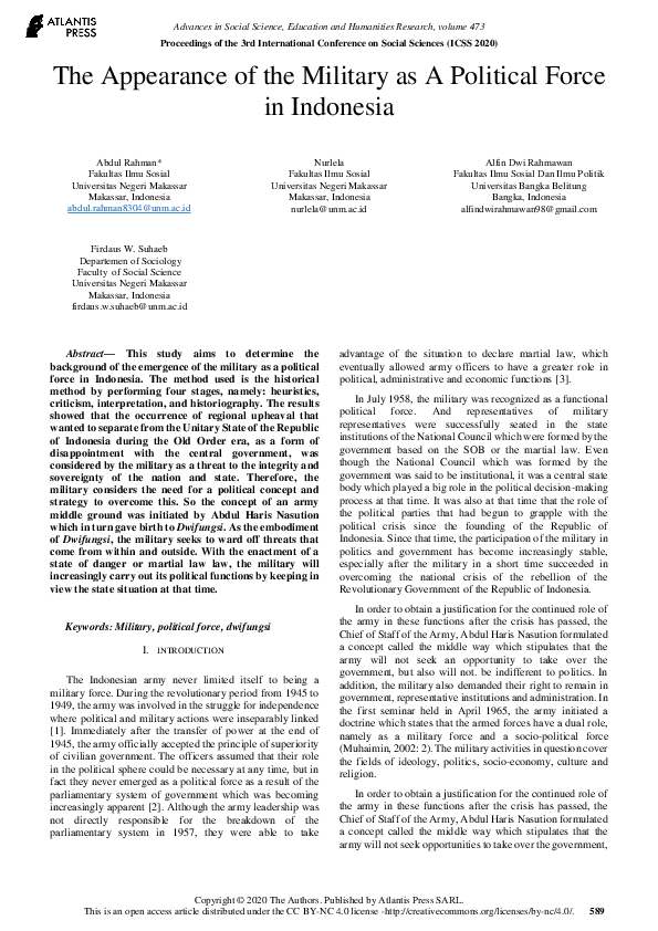 (PDF) The Appearance of the Military as A Political Force in Indonesia