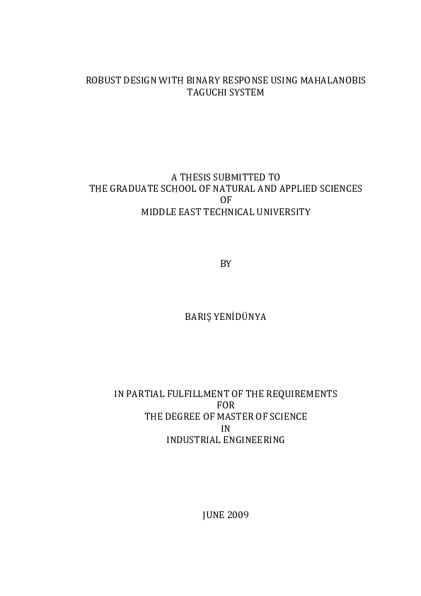 Pdf Robust Design With Binary Response Using Mahalanobis Taguchi System