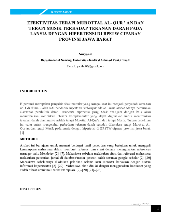 (DOC) EFEKTIVITAS TERAPI MUROTTAL AL-QUR ' AN DAN TERAPI MUSIK TERHADAP TEKANAN DARAH PADA ...