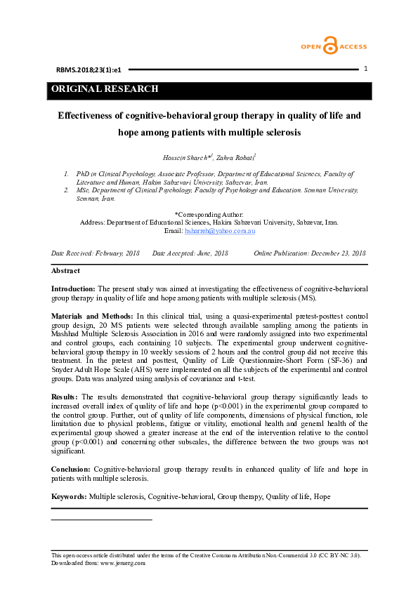 (PDF) CBT's Impact on Quality of Life in MS Patients