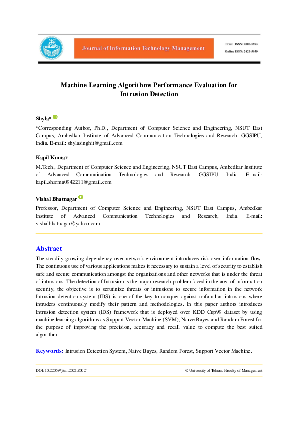 Pdf Machine Learning Algorithms Performance Evaluation For Intrusion Detection 
