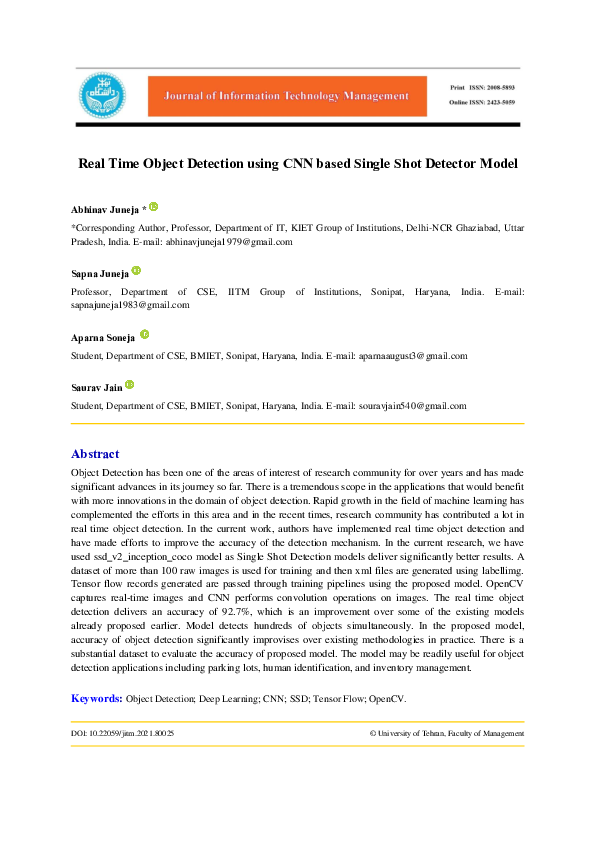 (PDF) Real Time Object Detection using CNN based Single Shot Detector Model