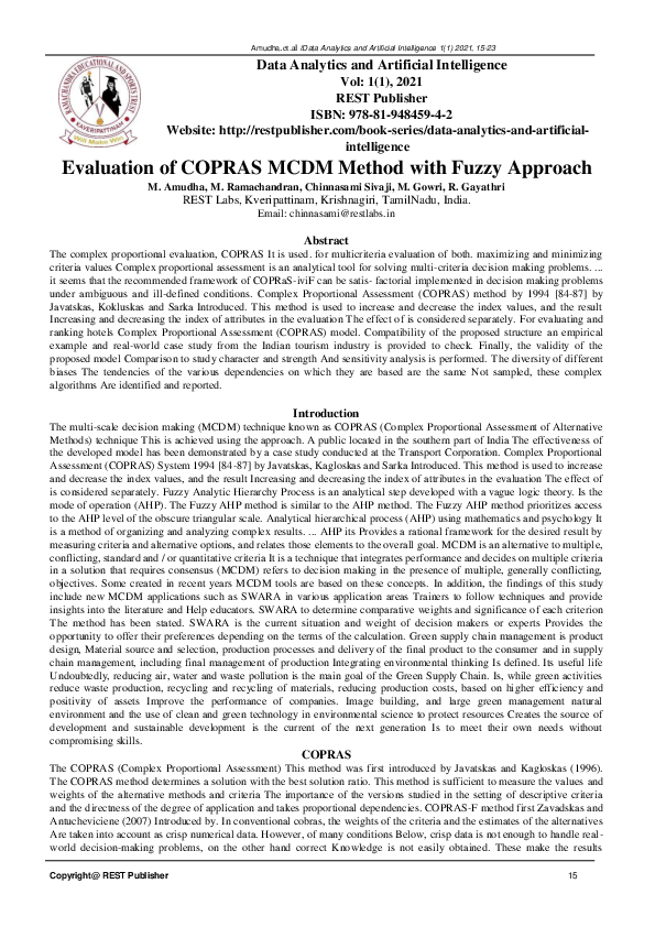 (PDF) Evaluation of COPRAS MCDM Method with Fuzzy Approach