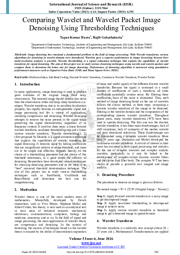 (PDF) Comparing Wavelet and Wavelet Packet Image Denoising Using Thresholding Techniques | Tapan ...
