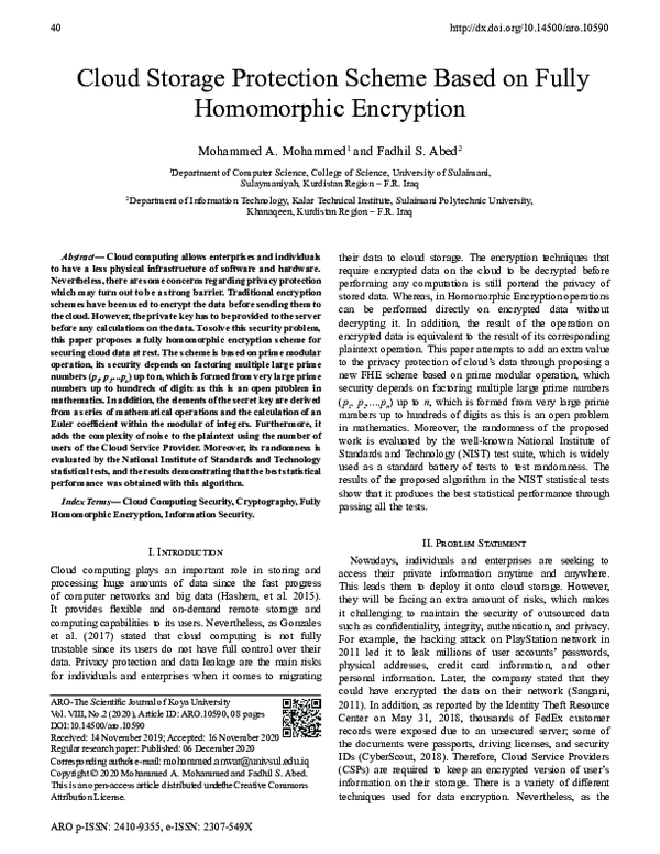 Pdf Cloud Storage Protection Scheme Based On Fully Homomorphic Encryption 