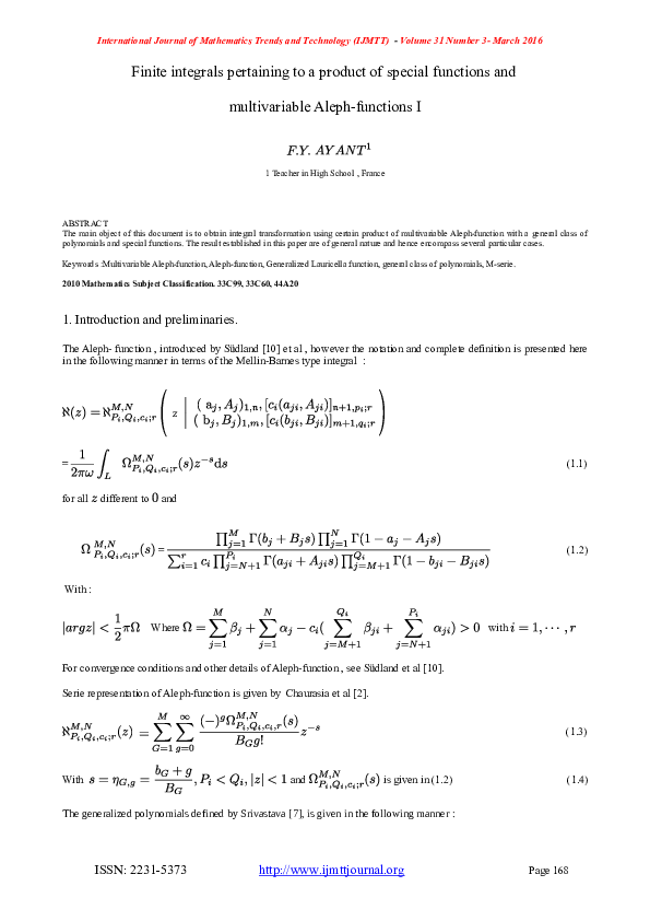 (PDF) Finite Integrals Pertaining to a Product of Special Functions