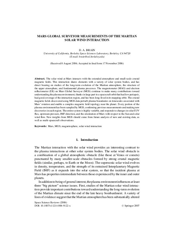 (PDF) Mars Global Surveyor Measurements of the Martian Solar Wind ...