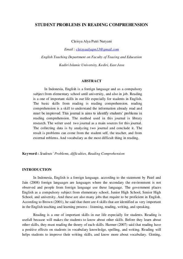 (PDF) STUDENT PROBLEMS IN READING COMPREHENSION