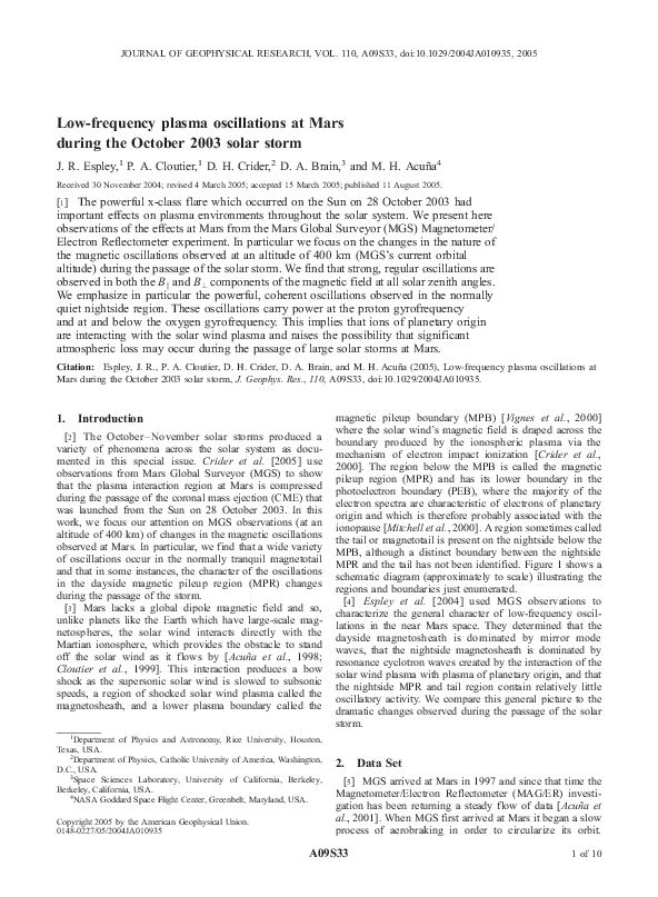 (PDF) Low-frequency plasma oscillations at Mars during the October 2003 ...