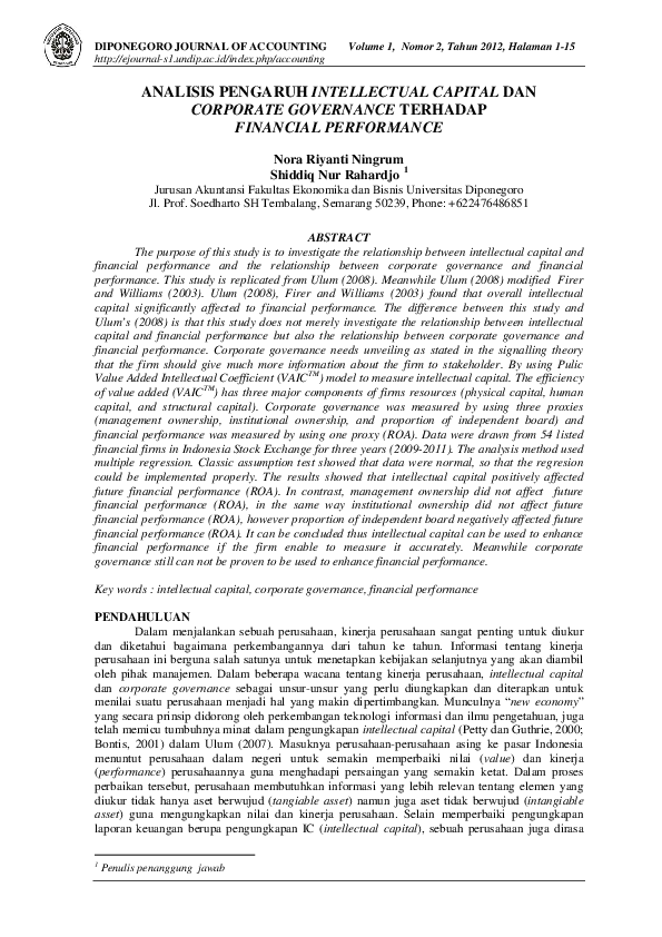(PDF) Analisis Pengaruh Intellectual Capital Dan Corporate Governance Terhadap Financial Performance