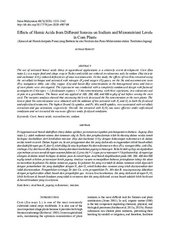 (PDF) Effects of Humic Acids from Different Sources on Sodium and ...