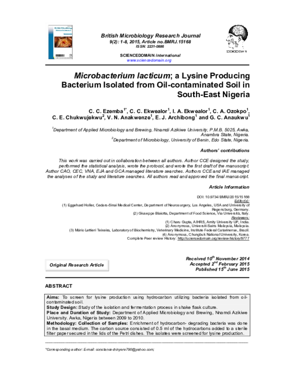 (PDF) Microbacterium lacticum; a Lysine Producing Bacterium Isolated ...