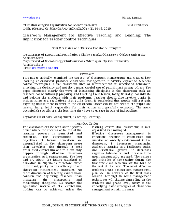 (PDF) Classroom Management for Effective Teaching and Learning: The ...