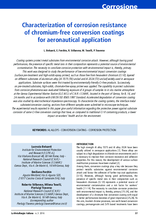 (PDF) Corrosione Characterization of corrosion resistance of chromium-free conversion coatings ...