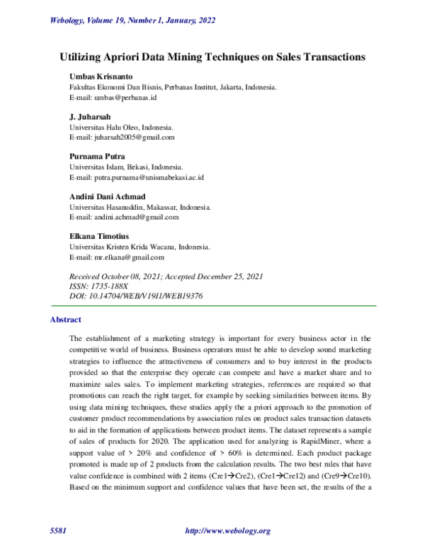 Pdf Utilizing Apriori Data Mining Techniques On Sales Transactions