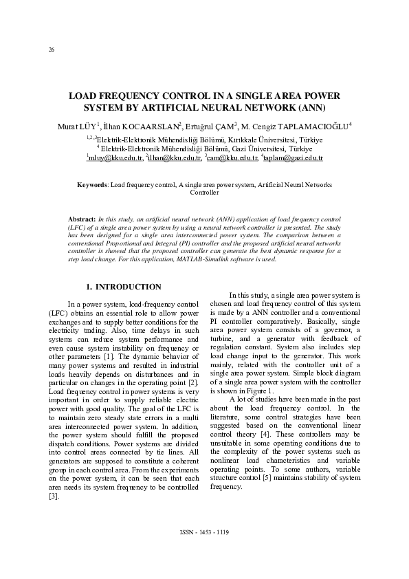 (PDF) Load Frequency Control in a Single Area Power System by Artificial Neural Network ( Ann )