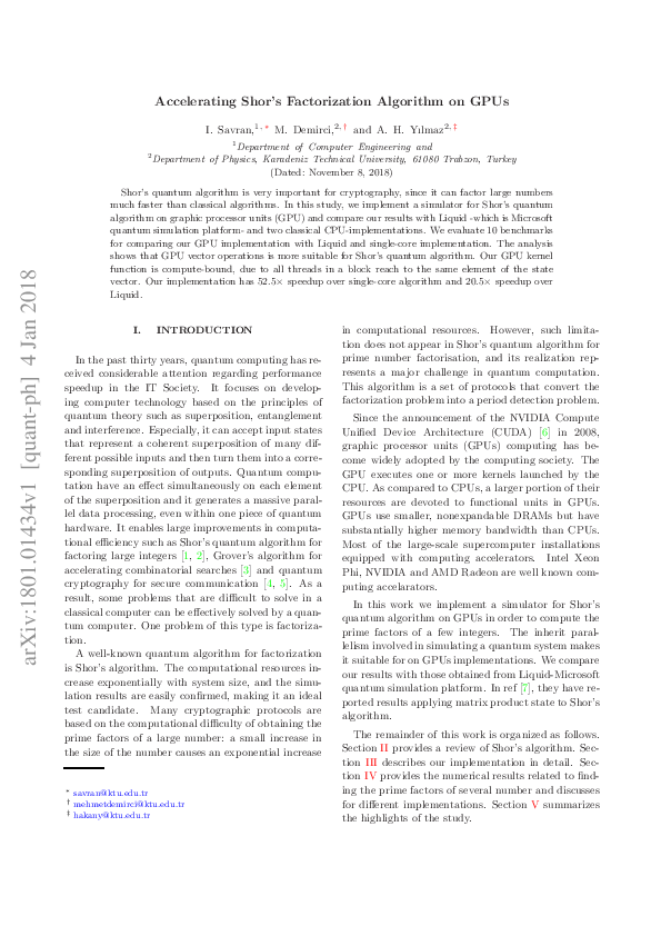 (PDF) Accelerating Shor’s factorization algorithm on GPUs