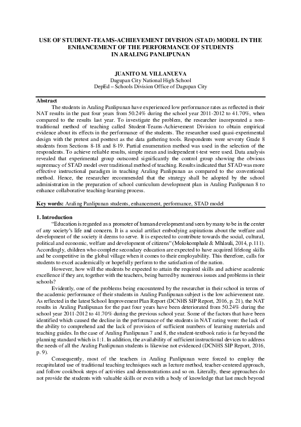 (PDF) Use of Student-Teams-Achievement Division (Stad) Model in the Enhancement of the ...