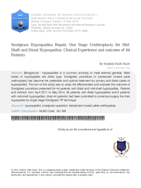(PDF) Snodgrass Hypospadius Repair, One Stage Urethroplasty for Mid ...