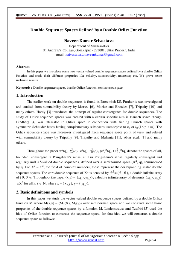 Pdf Double Sequence Spaces Defined By A Double Orlicz Function