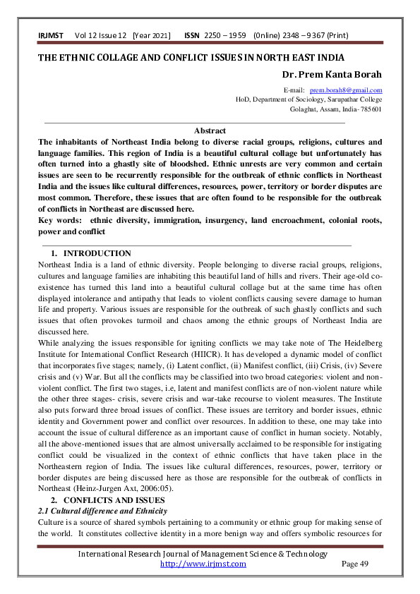(PDF) THE ETHNIC COLLAGE AND CONFLICT ISSUES IN NORTH EAST INDIA