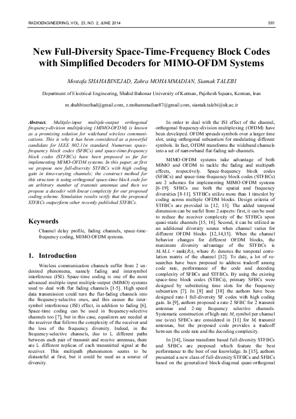 Pdf New Full Diversity Space Time Frequency Block Codes With Simplified Decoders For Mimo Ofdm