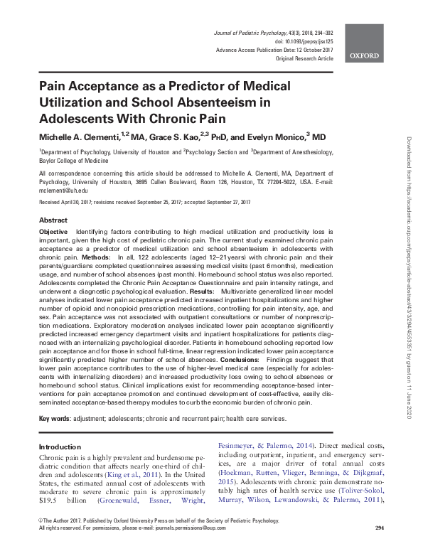 (PDF) Pain Acceptance as a Predictor of Medical Utilization and School ...