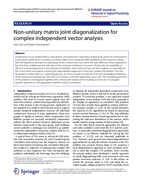 (PDF) Non-unitary matrix joint diagonalization for complex independent vector analysis