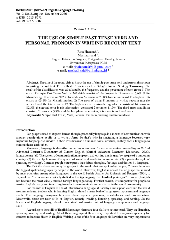 (PDF) The Use of Simple Past Tense Verb and Personal Pronoun in Writing ...