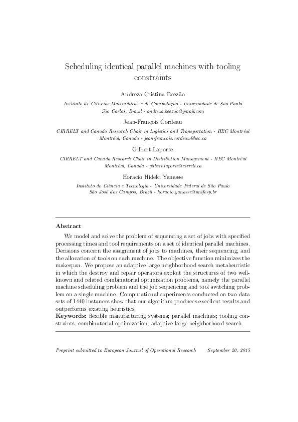 (PDF) Scheduling identical parallel machines with tooling constraints