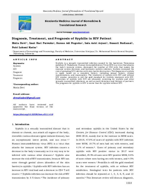 (PDF) Diagnosis, Treatment, and Prognosis of Syphilis in HIV Patient