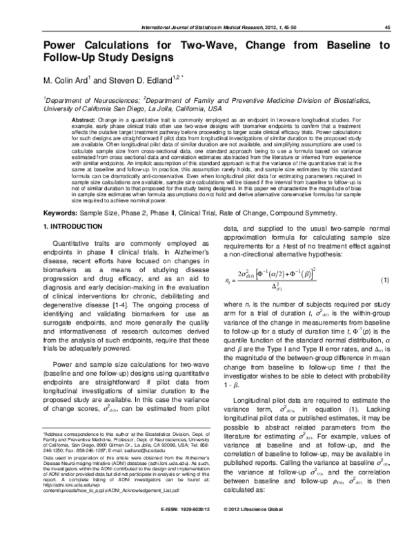 (PDF) Power Calculations for Two-Wave, Change from Baseline to Follow ...