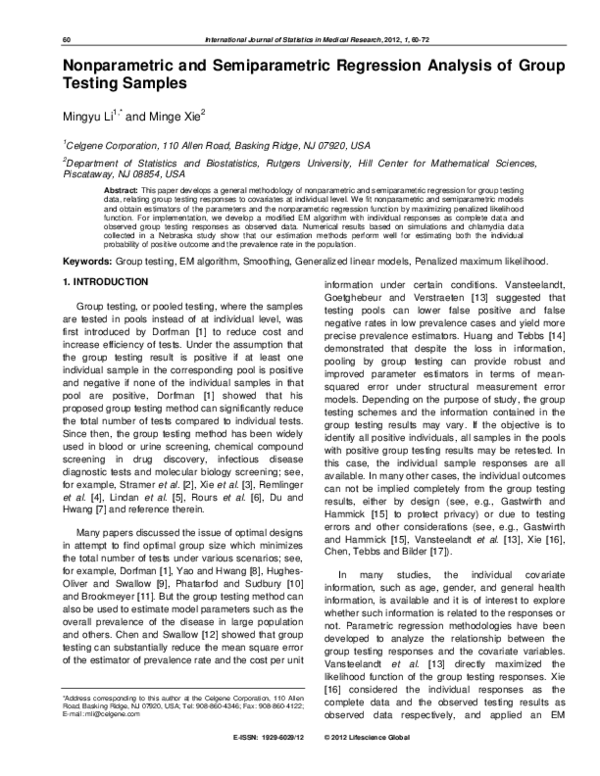 Pdf Nonparametric And Semiparametric Regression Analysis Of Group Testing Samples 