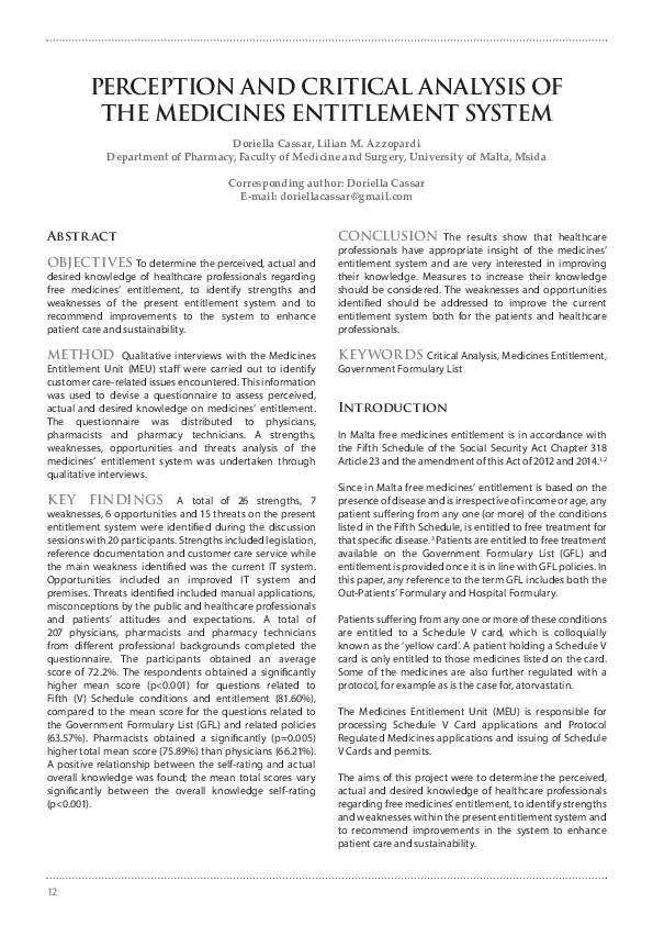 (PDF) Perception and critical analysis of the medicines entitlement system