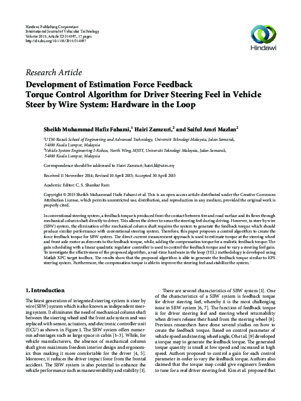 (PDF) Development of Estimation Force Feedback Torque Control Algorithm for Driver Steering Feel ...