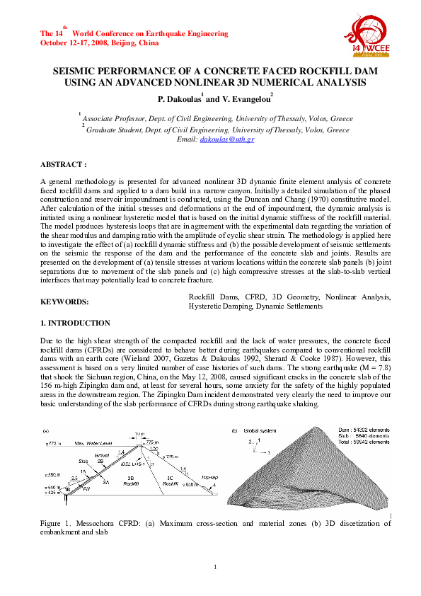 (PDF) Seismic Performance of a Concrete Faced Rockfill Dam Using an Advanced Nonlinear 3 D ...