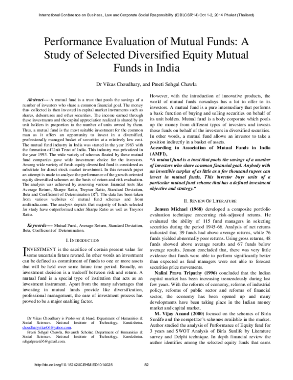 (PDF) Performance Evaluation of Mutual Funds: A Study of Selected Diversified Equity Mutual ...