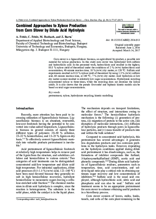 (PDF) Combined Approaches to Xylose Production from Corn Stover by Dilute Acid Hydrolysis
