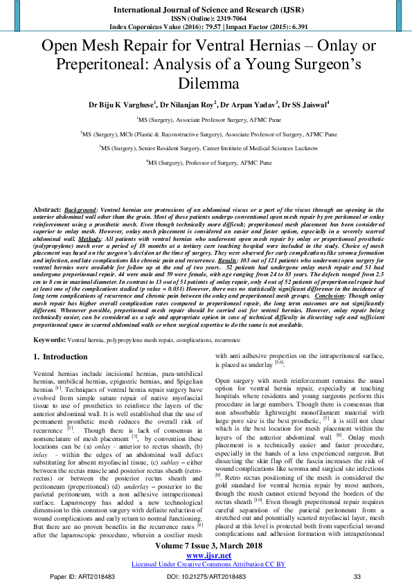 (PDF) Mesh Repair for Ventral Hernias – Onlay or Preperitoneal ...