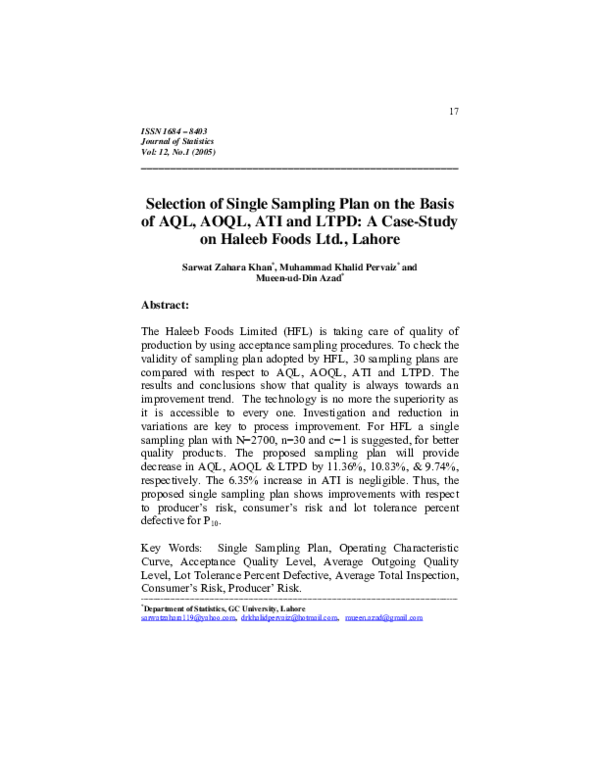 (PDF) Selection of Single Sampling Plan on the Basis of AQL , AOQL ...