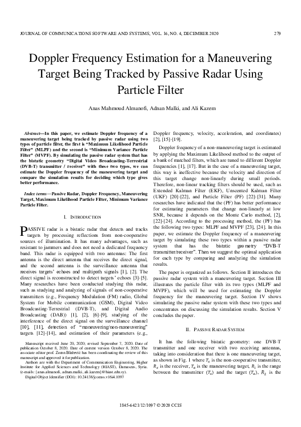 (PDF) Doppler Frequency Estimation for a Maneuvering Target Being Tracked by Passive Radar Using ...