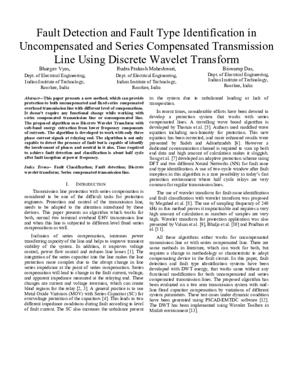 Pdf Fault Detection And Fault Type Identification In Uncompensated