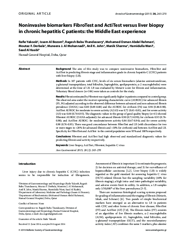 (PDF) Noninvasive biomarkers FibroTest and ActiTest versus liver biopsy ...