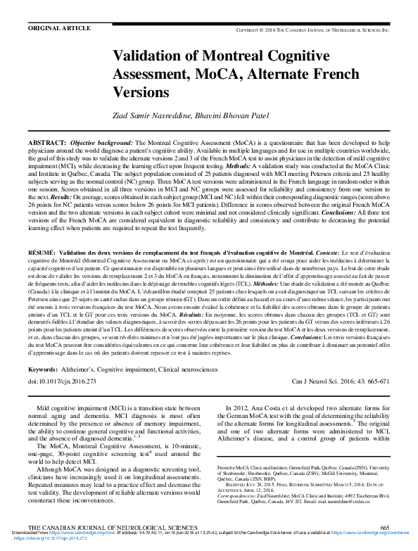 (PDF) [Validation of the Montreal Cognitive Assessment (MoCA) as a ...
