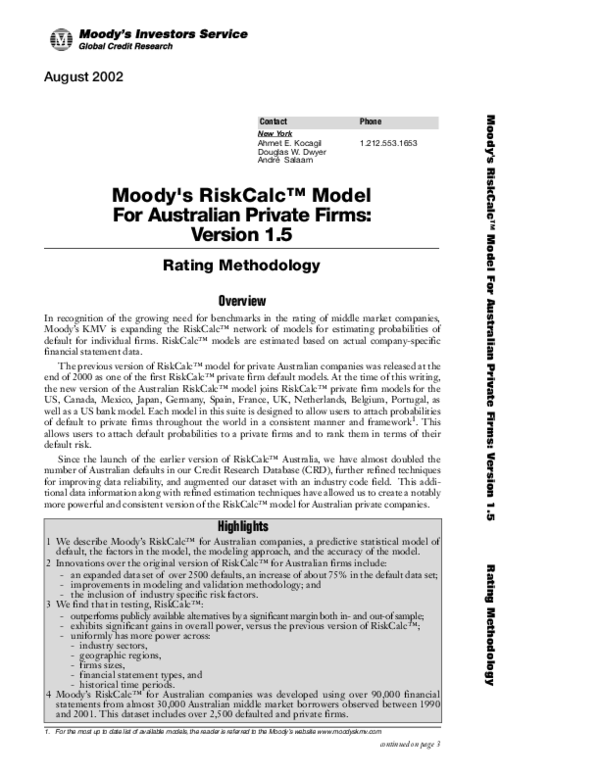 (PDF) Moody's RiskCalc™ Model For Australian Private Firms: Version 1.5